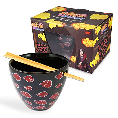 JUST FUNKY Naruto Shippuden Ramen Bowl with Chopsticks | 16 oz Ceramic Soup Mug | Featuring TheIconic Akatsuki Cloud Symbol | Anime Chopsticks | Kitchen Deco | Officially Licensed