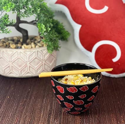 JUST FUNKY Naruto Shippuden Ramen Bowl with Chopsticks | 16 oz Ceramic Soup Mug | Featuring TheIconic Akatsuki Cloud Symbol | Anime Chopsticks | Kitchen Deco | Officially Licensed