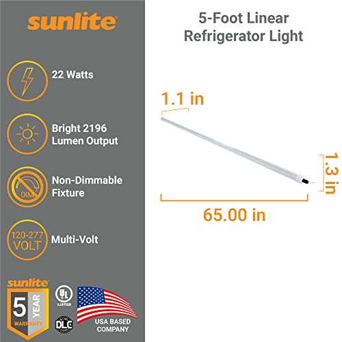 Sunlite 41251-SU 5' Foot LED Refrigerator Light Fixture, 22 Watts, 2196 Lumen, Coolers, Freezers, Display Cases, Fridge, IP65, UL Listed, DLC Listed, 5000K Daylight 2 Pack