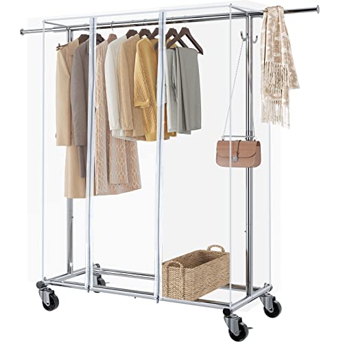 GREENSTELL Clothes Rack with Cover, Adjustable Garment Rack with Wheels, Heavy Duty Clothing Rack with Extendable Hanging Rail and Two Hooks, Commercial Grade Rolling Clothing Coat Rack (59x63x18 in)