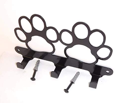 Double Dog Paw Leash Hook. Solid Steel. Handmade in USA. Gloss Black Finish. Screws Included.