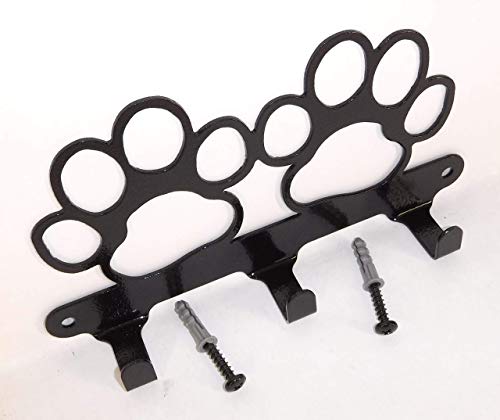 Double Dog Paw Leash Hook. Solid Steel. Handmade in USA. Gloss Black Finish. Screws Included.