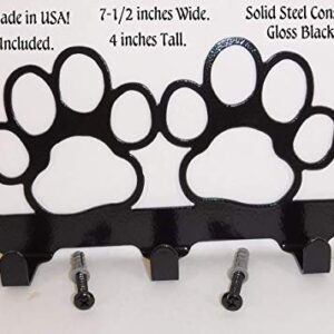 Double Dog Paw Leash Hook. Solid Steel. Handmade in USA. Gloss Black Finish. Screws Included.