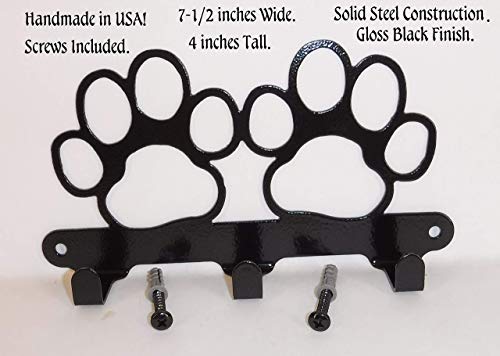 Double Dog Paw Leash Hook. Solid Steel. Handmade in USA. Gloss Black Finish. Screws Included.