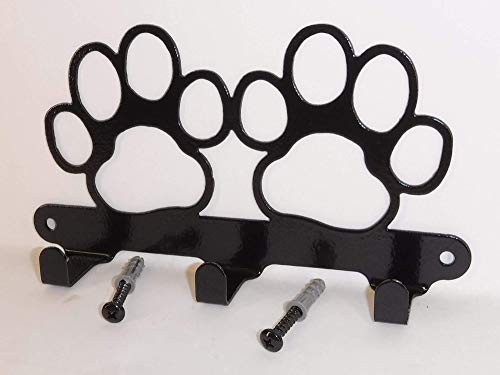 Double Dog Paw Leash Hook. Solid Steel. Handmade in USA. Gloss Black Finish. Screws Included.