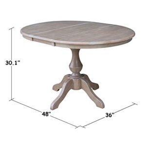 International Concepts 36" Round Top Pedestal Table with 12" Leaf-28.9" H-Dining Height, Washed Gray Taupe