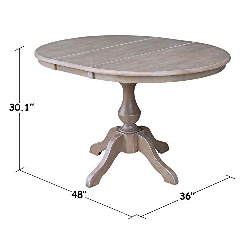 International Concepts 36" Round Top Pedestal Table with 12" Leaf-28.9" H-Dining Height, Washed Gray Taupe