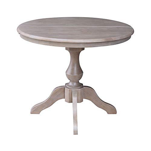 International Concepts 36" Round Top Pedestal Table with 12" Leaf-28.9" H-Dining Height, Washed Gray Taupe