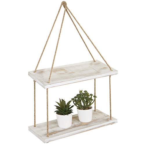 MyGift Shabby Chic Whitewashed Wood 2 Tier Floating Shelves Bathroom Shelf with Hanging Rope, Decorative Swing Display Shelf for Kitchen, Bedroom and Living Room