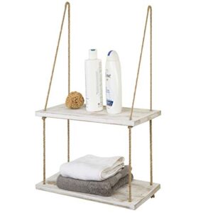 MyGift Shabby Chic Whitewashed Wood 2 Tier Floating Shelves Bathroom Shelf with Hanging Rope, Decorative Swing Display Shelf for Kitchen, Bedroom and Living Room