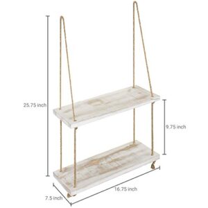 MyGift Shabby Chic Whitewashed Wood 2 Tier Floating Shelves Bathroom Shelf with Hanging Rope, Decorative Swing Display Shelf for Kitchen, Bedroom and Living Room