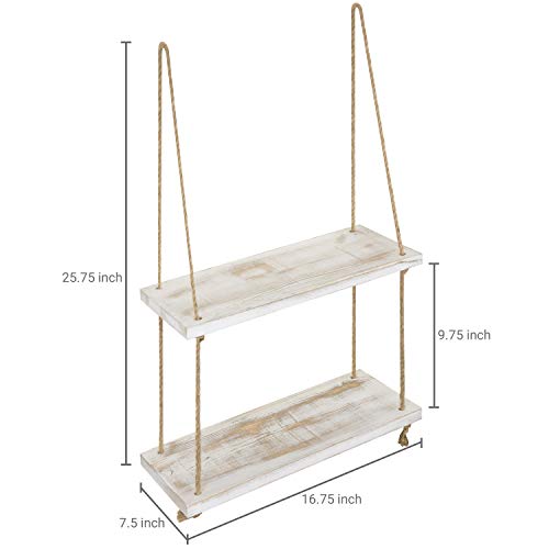 MyGift Shabby Chic Whitewashed Wood 2 Tier Floating Shelves Bathroom Shelf with Hanging Rope, Decorative Swing Display Shelf for Kitchen, Bedroom and Living Room