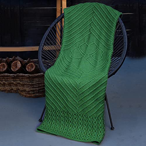 SAOL Irish Throw with Shamrock - 100% Merino Wool Aran Couch Blanket 48'' x 68'' (122 x 173 cm) (Green)