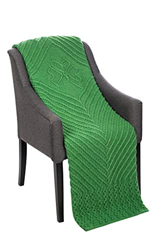 SAOL Irish Throw with Shamrock - 100% Merino Wool Aran Couch Blanket 48'' x 68'' (122 x 173 cm) (Green)