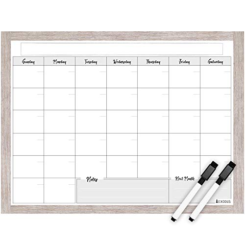 EXODUS Dry-Erase Magnetic Fridge Calendar Complete Set with 2 Fine-Tip Black Markers 12”x16” Premium Quality Dry Erase Film, Monthly Planning and Family Schedule Organizer, Rustic Wood-Design Border