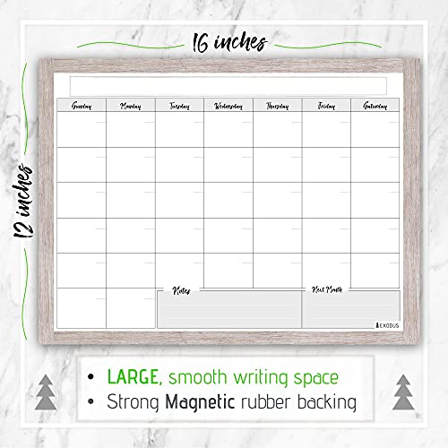 EXODUS Dry-Erase Magnetic Fridge Calendar Complete Set with 2 Fine-Tip Black Markers 12”x16” Premium Quality Dry Erase Film, Monthly Planning and Family Schedule Organizer, Rustic Wood-Design Border