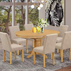 East West Furniture AVAB7-OAK-04 7Pc Oval 42/60" Dinette Table With 18 In Butterfly Leaf And 6 Parson Chair With Oak Leg And Linen Fabric Light Fawn, 7