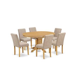 East West Furniture AVAB7-OAK-04 7Pc Oval 42/60" Dinette Table With 18 In Butterfly Leaf And 6 Parson Chair With Oak Leg And Linen Fabric Light Fawn, 7