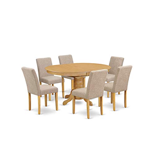 East West Furniture AVAB7-OAK-04 7Pc Oval 42/60" Dinette Table With 18 In Butterfly Leaf And 6 Parson Chair With Oak Leg And Linen Fabric Light Fawn, 7