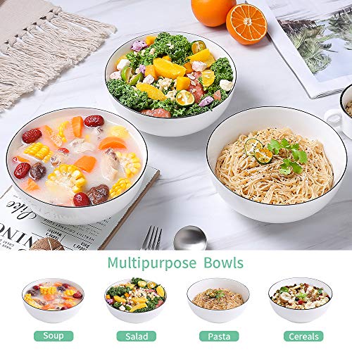 Ceramic Salad Soup Bowl, 60 Oz Large Stackable White Porcelain Cereal Pho Serving Pasta Bowl Sets, 3 Pack Microwavable Heat and Cold Resistant Porcelain Ceramic Bowls- Ideal for Home and Restaurant