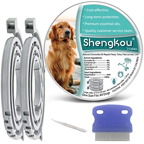 Flea and Tick Collar for Large Dogs - Natural Prevention, Control, and Treatment with Waterproof and Safe Ingredients - Includes Free Comb and 2-Pack (27.5 inches)