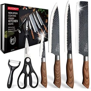 6 pieces professional kitchen knives set with giftbox, high carbon stainless steel forged kitchen knife set, sharp chef knife set for chef cooking paring cutting slicing (high carbon black)