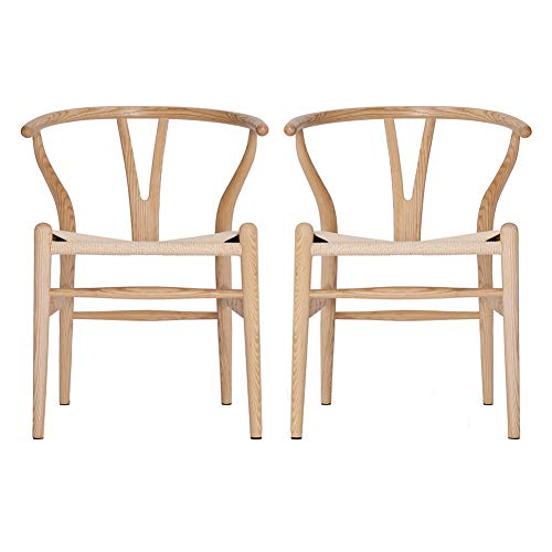 VODUR Wishbone Chair Natural Solid Wood Dining Chairs/Hans Vegner Y Chair Rattan and Wood Accent Armrest Chair (Ash Wood + Natural Wood Color)