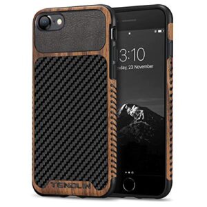 tendlin compatible with iphone se 2022 case (3rd gen)/iphone se 2020 case (2rd gen)/iphone 8 case/iphone 7 case wood grain with carbon fiber texture design leather hybrid slim case black