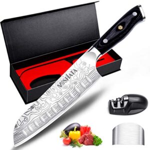 mosfiata 7" santoku knife chef cutting knife for cooking with finger guard and knife sharpener, german high carbon stainless steel en.4116 kitchen chopping knife with micarta handle and gift box