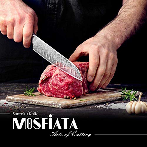 MOSFiATA 7" Santoku Knife Chef Cutting Knife for Cooking with Finger Guard and Knife Sharpener, German High Carbon Stainless Steel EN.4116 Kitchen Chopping Knife with Micarta Handle and Gift Box