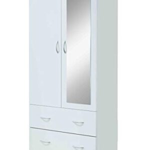 Hodedah Two Door Wardrobe with Two Drawers and Hanging Rod plus Mirror, White