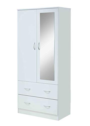 Hodedah Two Door Wardrobe with Two Drawers and Hanging Rod plus Mirror, White