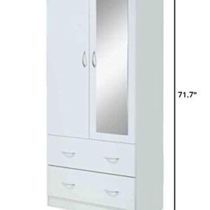 Hodedah Two Door Wardrobe with Two Drawers and Hanging Rod plus Mirror, White