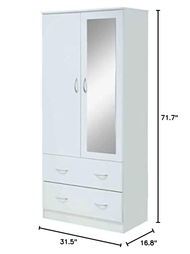 Hodedah Two Door Wardrobe with Two Drawers and Hanging Rod plus Mirror, White