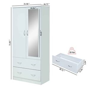 Hodedah Two Door Wardrobe with Two Drawers and Hanging Rod plus Mirror, White