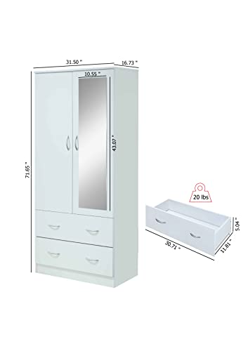 Hodedah Two Door Wardrobe with Two Drawers and Hanging Rod plus Mirror, White