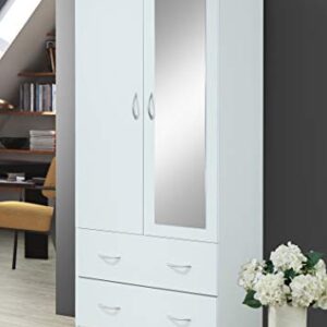 Hodedah Two Door Wardrobe with Two Drawers and Hanging Rod plus Mirror, White