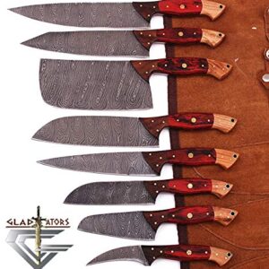 GladiatorsGuild G29RD- Professional Kitchen Knives Custom Made Damascus Steel 8 pcs of Professional Utility Chef Kitchen Knife Set with Chopper/Cleaver with Pocket Case Chef Knife Roll Bag (Red)