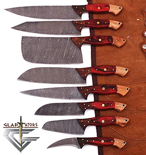 GladiatorsGuild G29RD- Professional Kitchen Knives Custom Made Damascus Steel 8 pcs of Professional Utility Chef Kitchen Knife Set with Chopper/Cleaver with Pocket Case Chef Knife Roll Bag (Red)