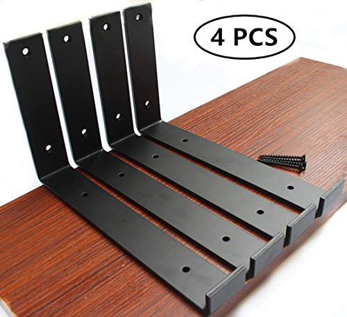 4 Pack - 9.25"L x 6"H x 1.5"W J Lip Shelf Bracket Rustic Industrial Farmhouse Iron Metal Wall Floating Shelf Bracket Metal Shelf Bracket, Industrial Shelf Bracket, Shelf Supports with Screws