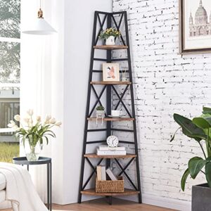 hombazaar 5-tier industrial corner bookshelf, vintage wood look accent with metal frame etagere bookcase, freestanding tall ladder shelf display organizer home office, rustic brown finish