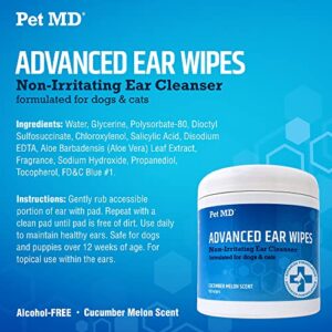 Pet MD Cat and Dog Ear Cleaner Wipes - Advanced Otic Veterinary Ear Cleaner Formula - Dog Ear Infection Treatment Helps Alleviate Ear Infections - 100 Alcohol Free Ear Wipes with Soothing Aloe Vera