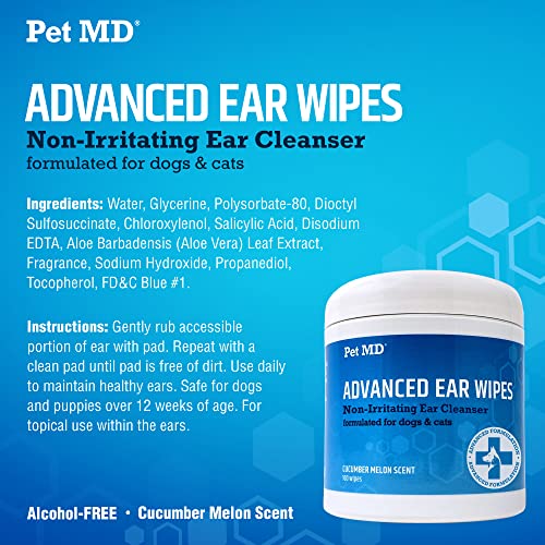 Pet MD Cat and Dog Ear Cleaner Wipes - Advanced Otic Veterinary Ear Cleaner Formula - Dog Ear Infection Treatment Helps Alleviate Ear Infections - 100 Alcohol Free Ear Wipes with Soothing Aloe Vera