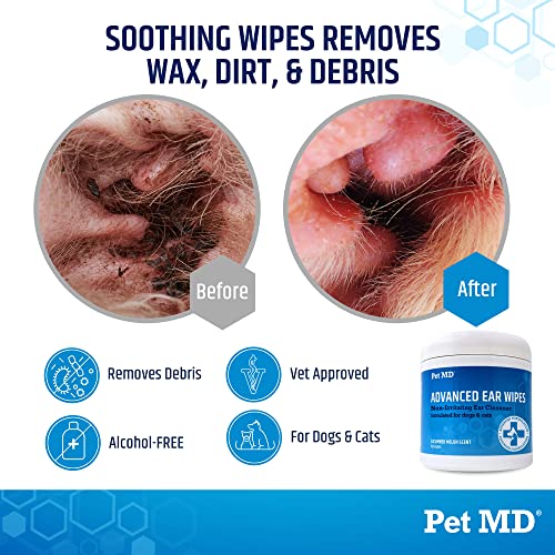 Pet MD Cat and Dog Ear Cleaner Wipes - Advanced Otic Veterinary Ear Cleaner Formula - Dog Ear Infection Treatment Helps Alleviate Ear Infections - 100 Alcohol Free Ear Wipes with Soothing Aloe Vera