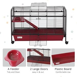 PawHut 41" L Small Animal Cage Rabbit Hutch Ferret Pet Play House with Feeder, Rolling Wheels, Platform, Ramp