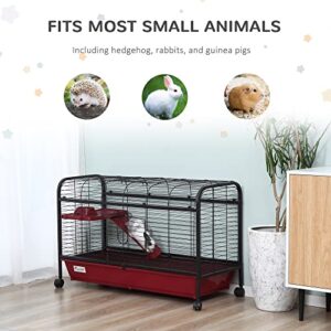 PawHut 41" L Small Animal Cage Rabbit Hutch Ferret Pet Play House with Feeder, Rolling Wheels, Platform, Ramp