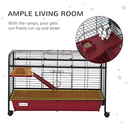 PawHut 41" L Small Animal Cage Rabbit Hutch Ferret Pet Play House with Feeder, Rolling Wheels, Platform, Ramp