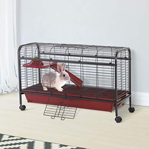 PawHut 41" L Small Animal Cage Rabbit Hutch Ferret Pet Play House with Feeder, Rolling Wheels, Platform, Ramp