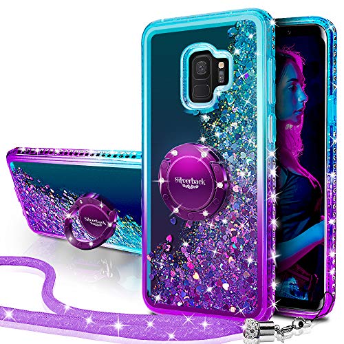 Silverback for Galaxy S9 Case, Moving Liquid Holographic Sparkle Glitter Case with Kickstand, Bling Diamond Rhinestone Bumper Ring Protective Samsung Galaxy S9 Case for Girls Women - Purple