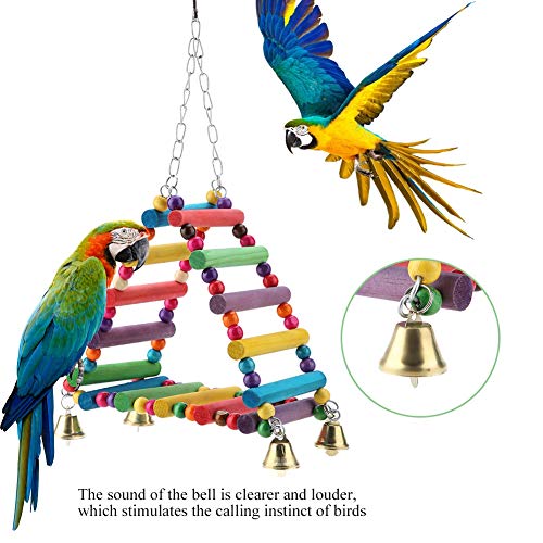 Parrot Swing Toys, Triangle Climbing Ladders Hanging Bell Toy Colorful Wood Beads Bird Perch for Parakeet Cockatiel Macaw African Grey Cockatoo Lovebird Finch